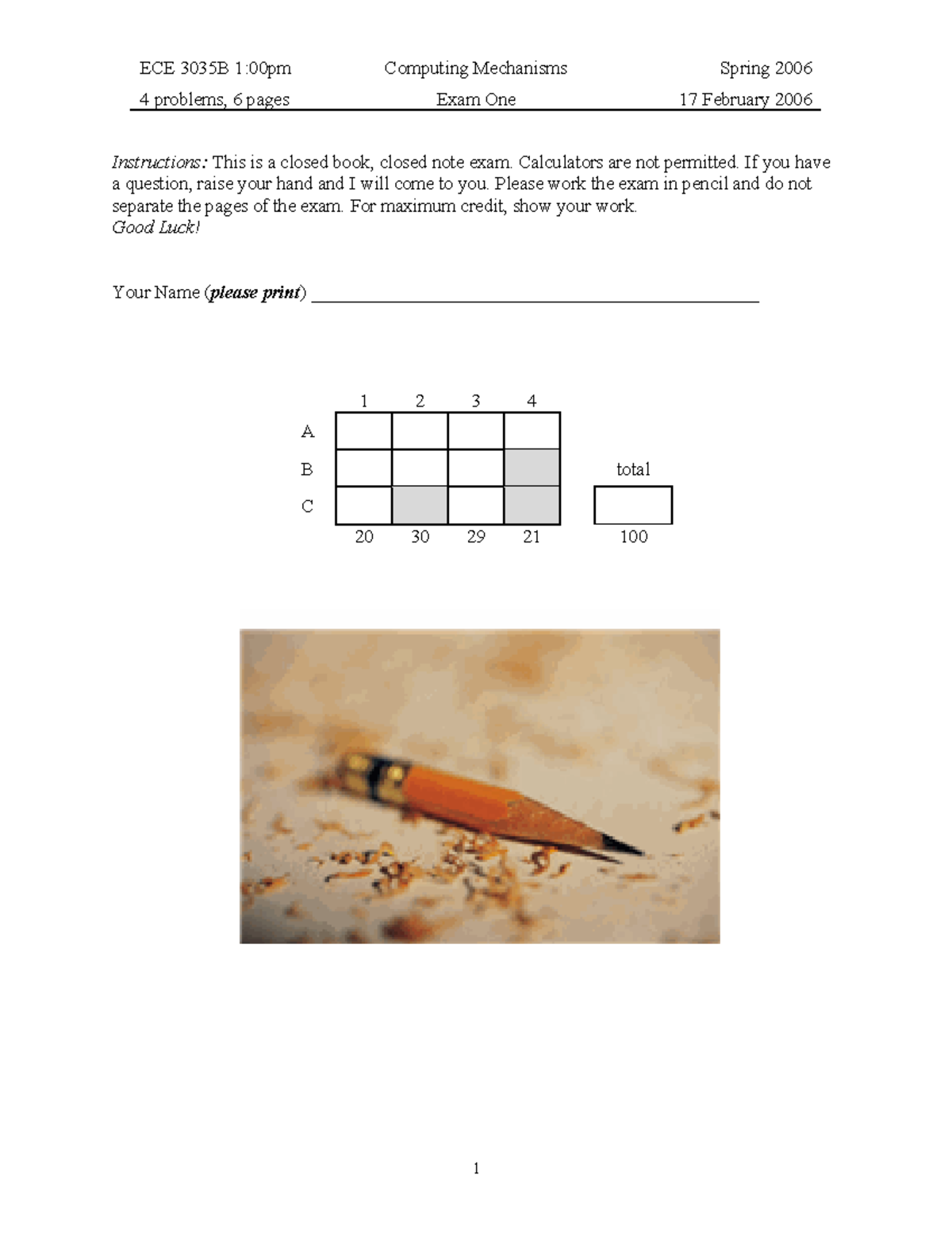 SP06 Exam 1 B - Practice Tests - 4 problems, 6 pages Exam One 17 ...