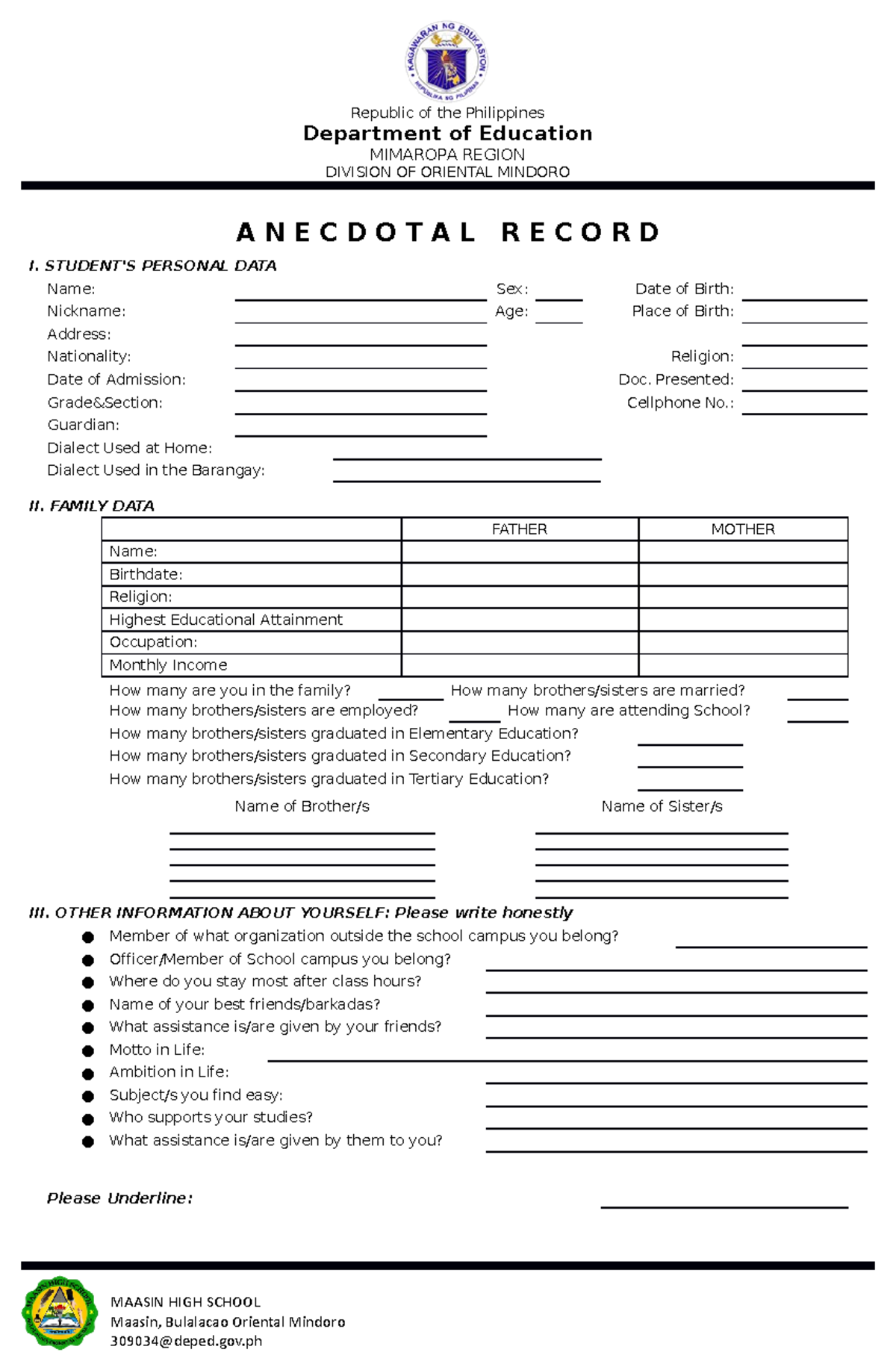 Anecdotal Record - Republic of the Philippines Department of Education ...