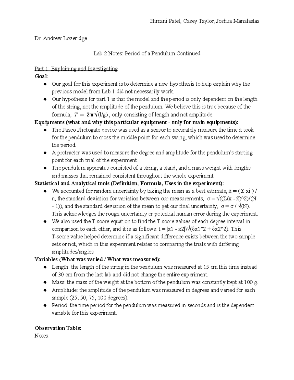 REDO Lab 2 Notes - cdc - Dr. Andrew Loveridge Lab 2 Notes: Period of a ...