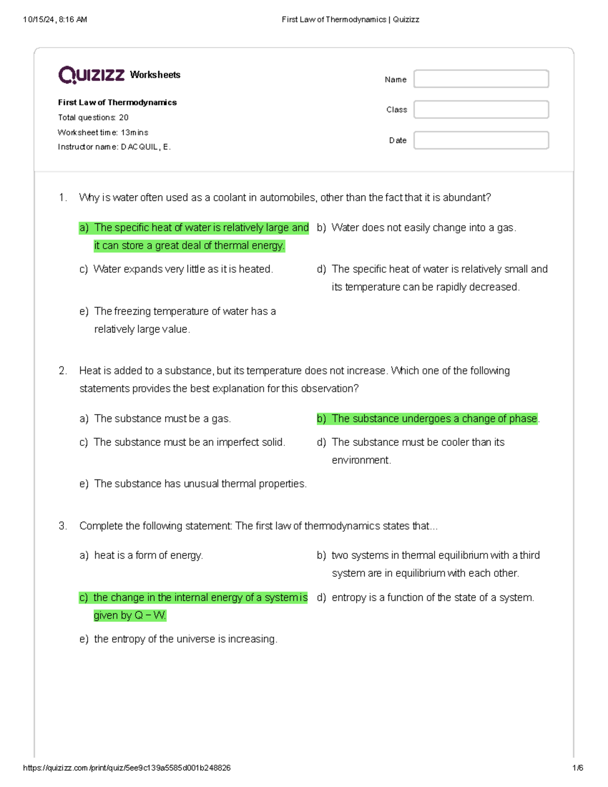 First Law of Thermodynamics Quiz with Answer - Worksheets First Law of ...