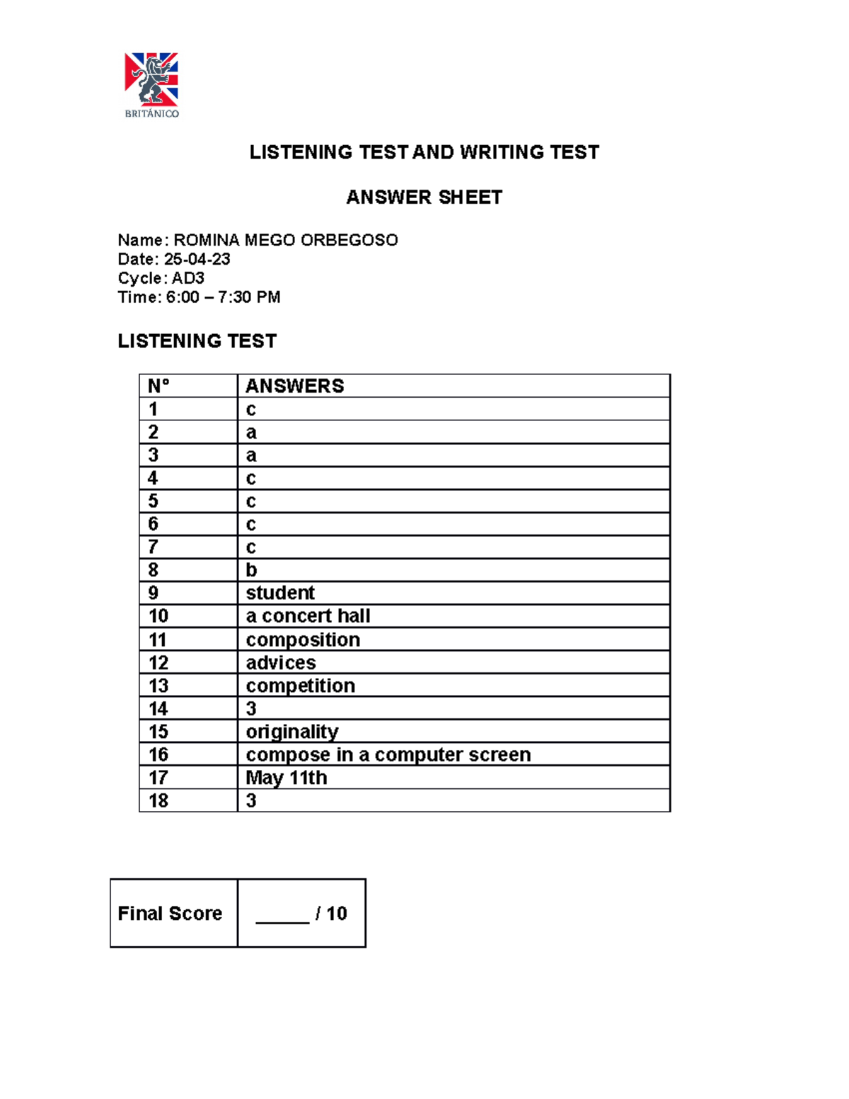 Listening TEST AND Writing TEST - Romina MEGO - LISTENING TEST AND ...