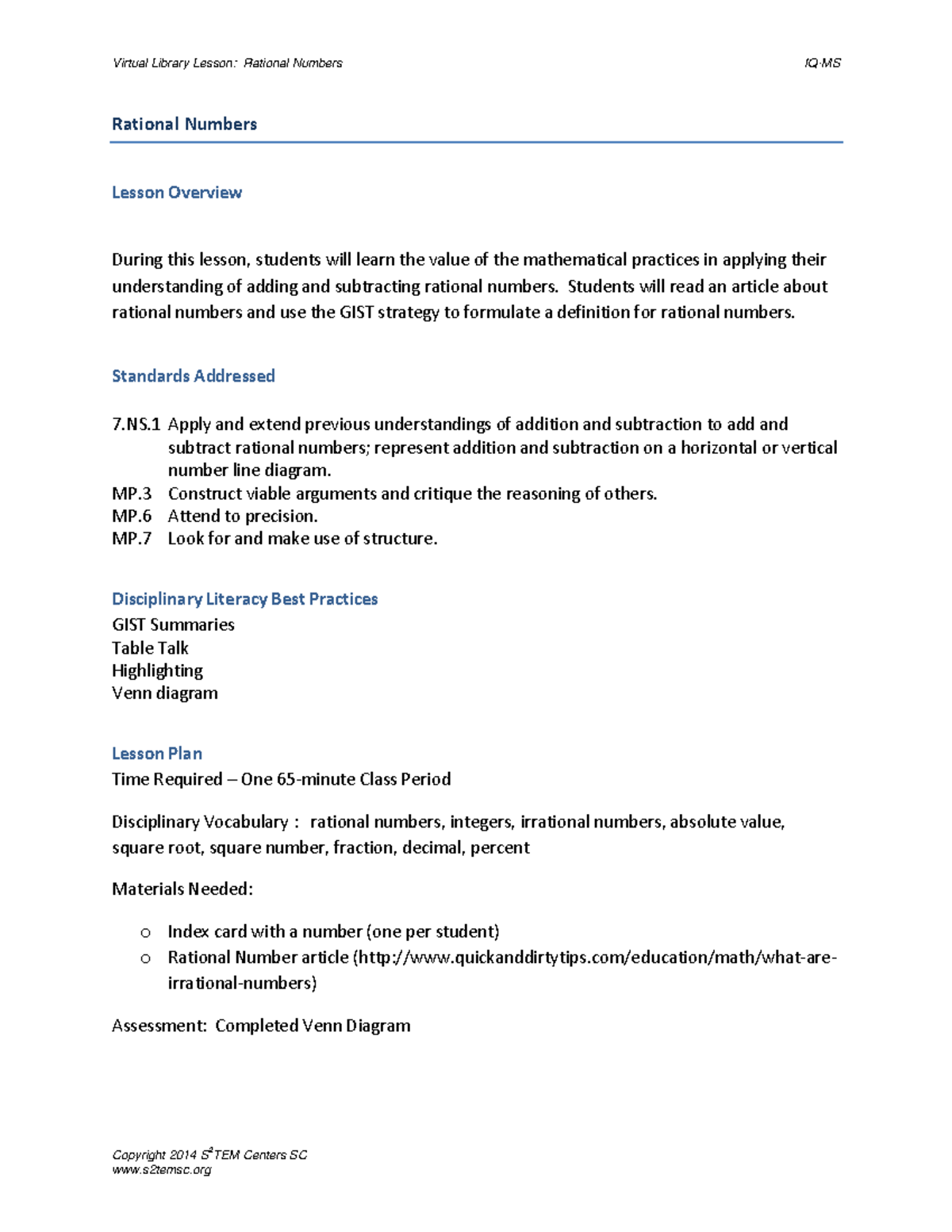 Rational numbers 1 - Virtual Library Lesson: Rational Numbers IQ-MS ...