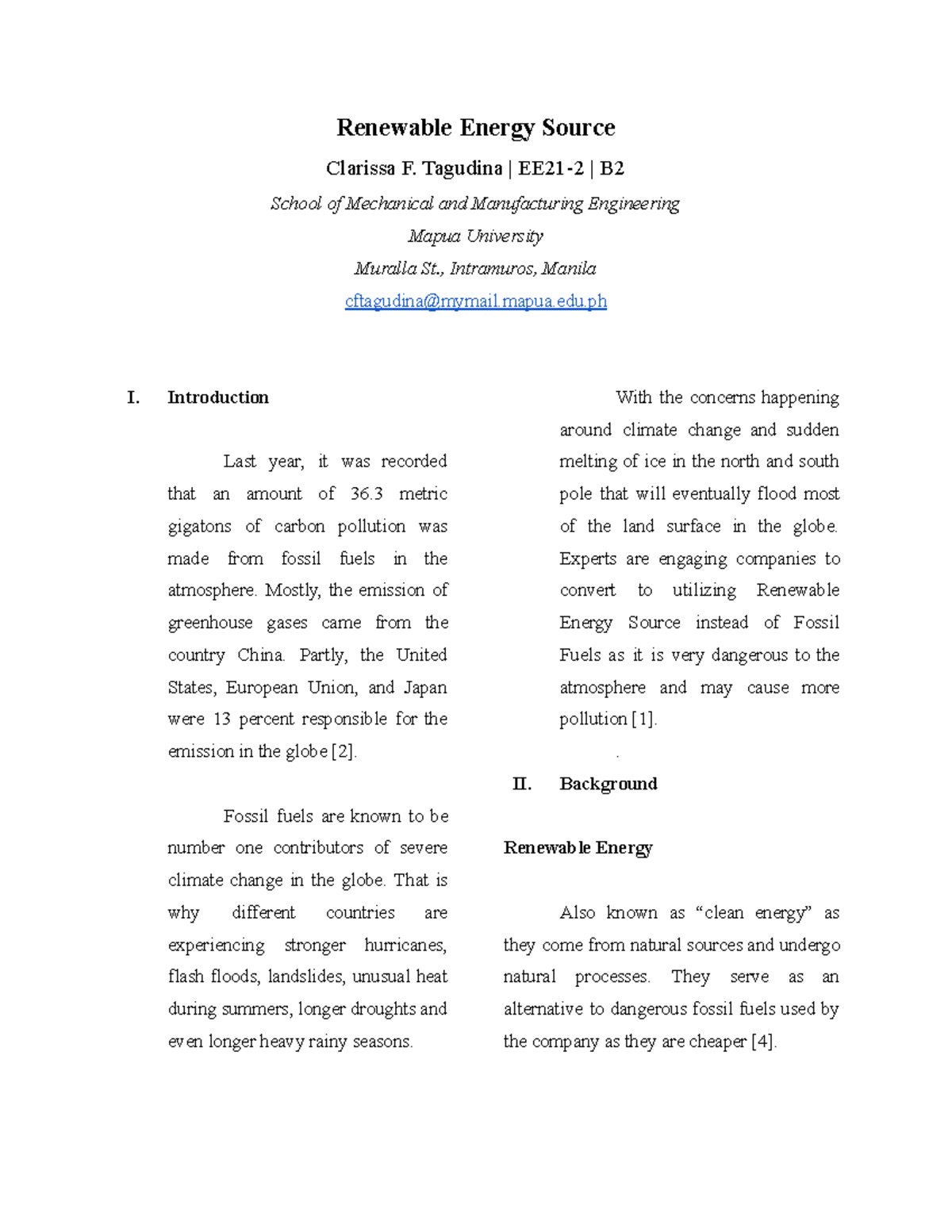 Tagudina B2 EE21-2 CW2 - Renewable Energy Source Clarissa F. Tagudina B2 School of Mechanical ...