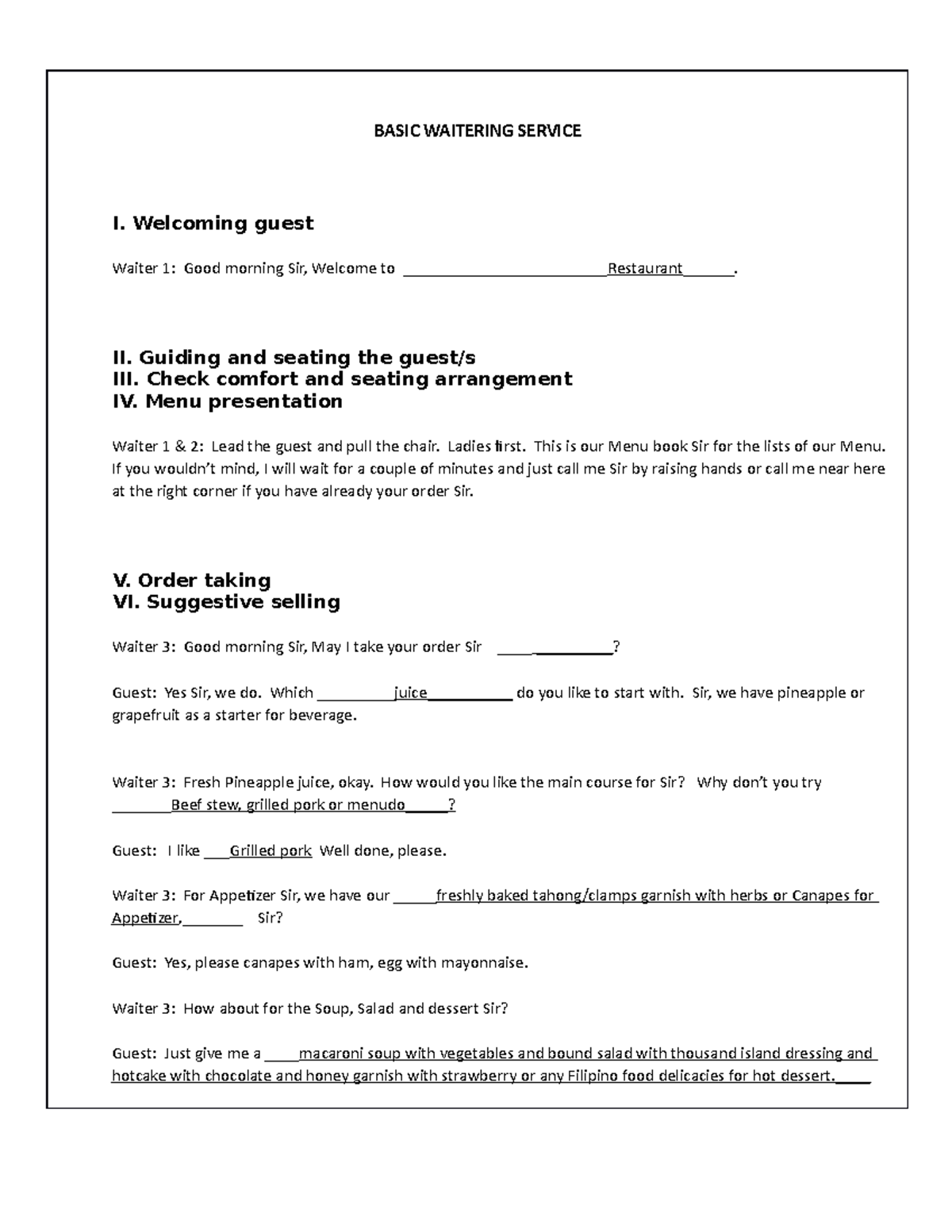 FBS Basic Waitering Service - BASIC WAITERING SERVICE I. Welcoming ...