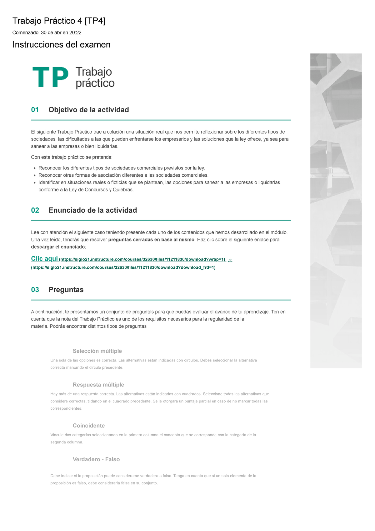 TP4 Marco Legal 93,33% - Trabajo Práctico 4 [TP4] Comenzado: 30 de abr en 20: Instrucciones del ...