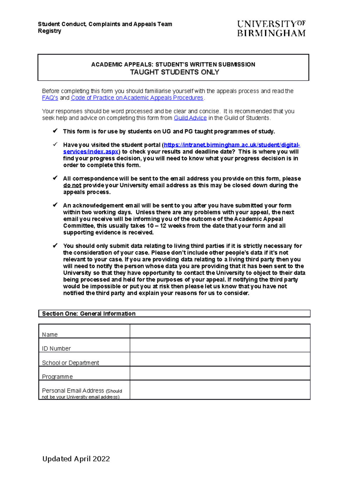 Taught student appeal form - Registry ACADEMIC APPEALS: STUDENT’S ...