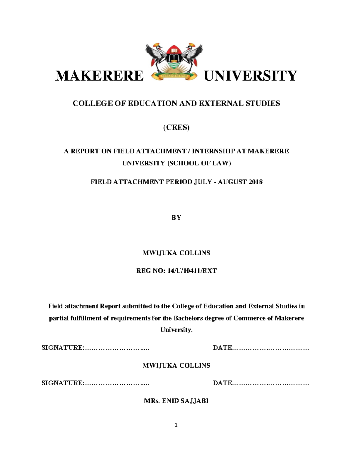 Report on Field Attachment Internship at Makerere University (School Of ...