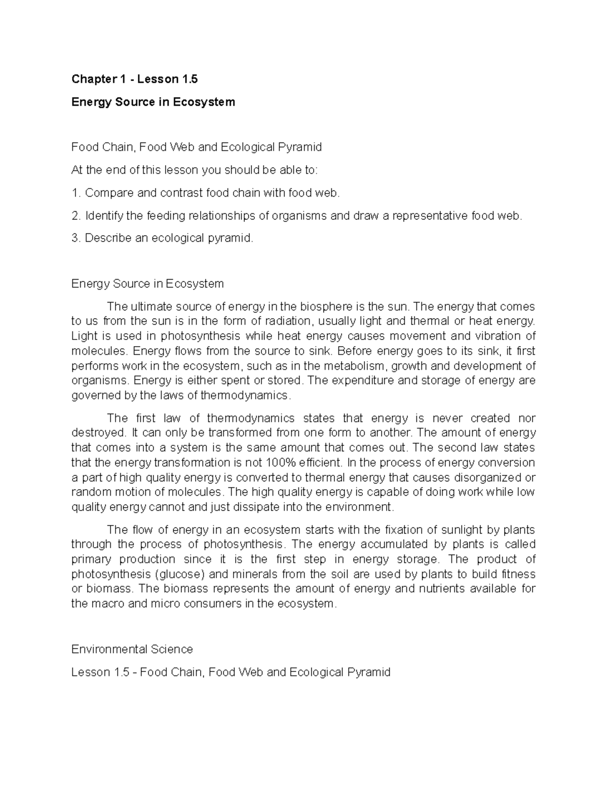 Energy Source in Ecosystem - Chapter 1 - Lesson 1. Energy Source in ...