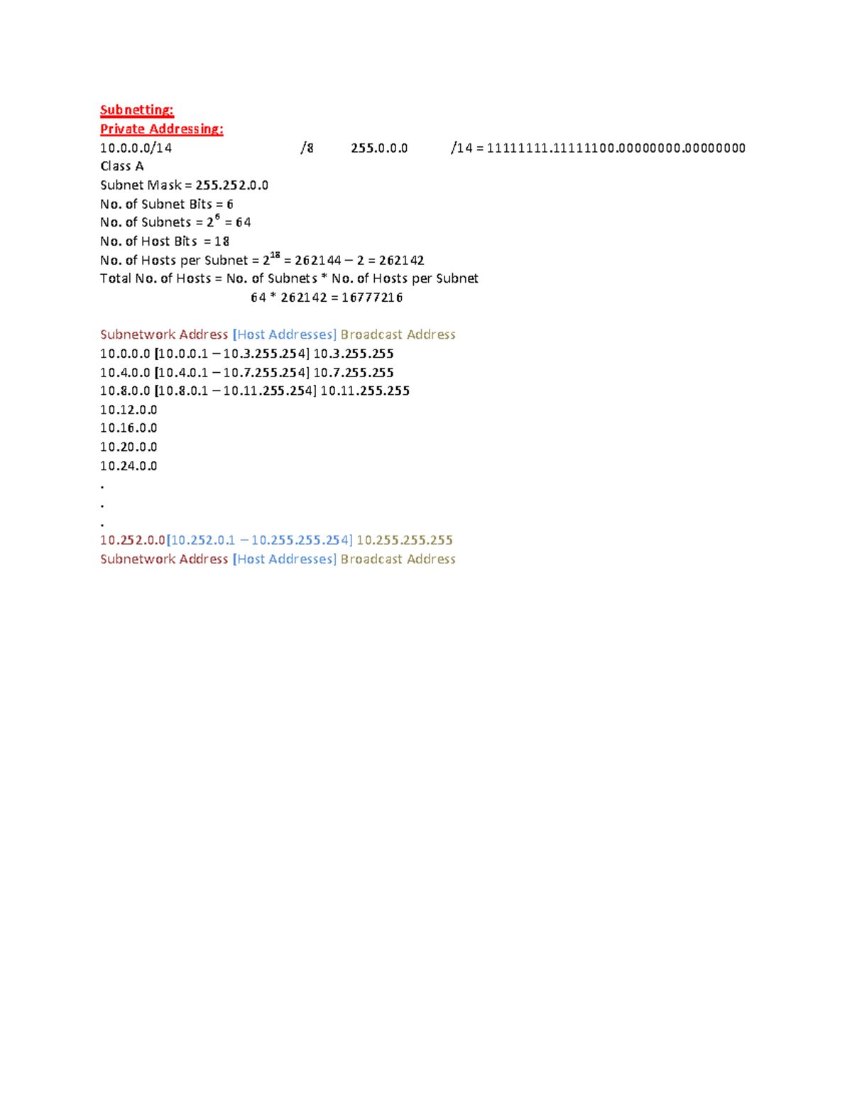 Subnetting - notes lecturee - Subnetting: Private Addressing: 10.0.0/14 ...