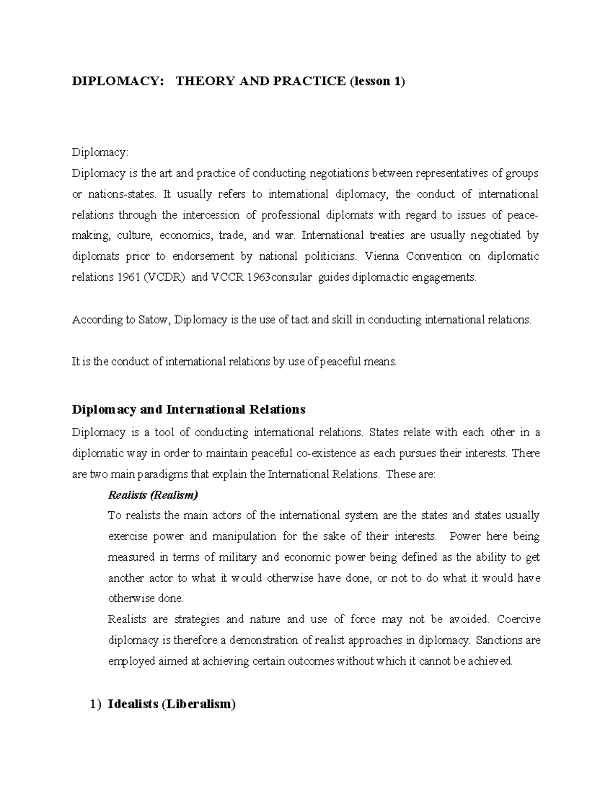 Diplomacy notes ii (1) - DIPLOMACY: THEORY AND PRACTICE (lesson 1 ...
