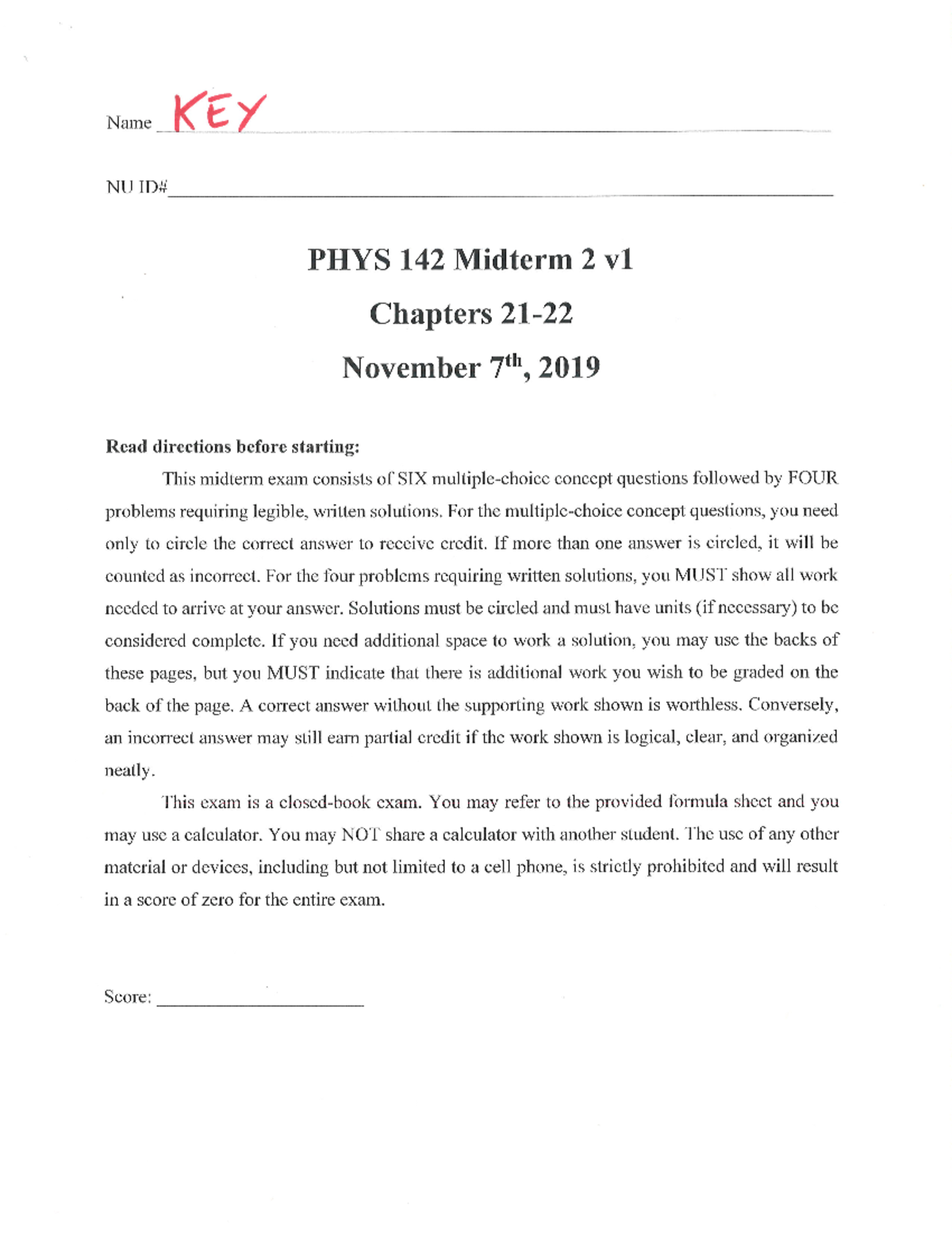 142 Midterm 2 v1 Key - practice - PHYS 142 - Studocu