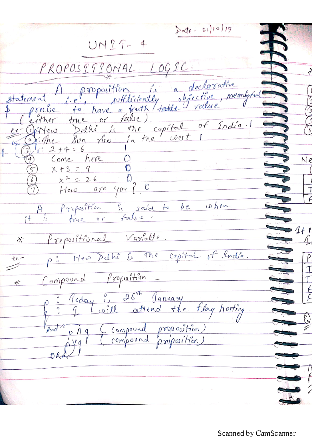 Discrete UNIT-4 - Date 4 PROPOSITIONAL LOGIC A proposition is a declarative statement i., - Studocu