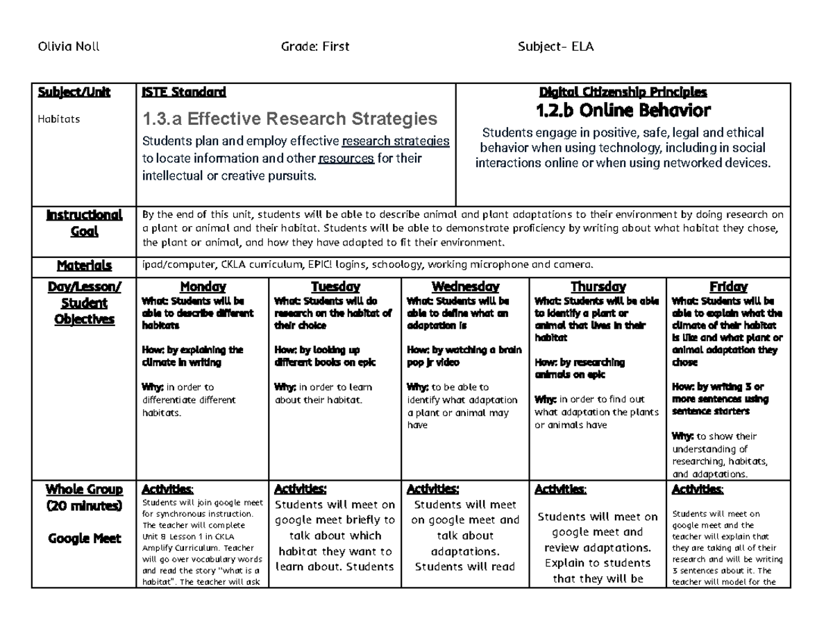 D-295 Task 1 - Unit Plan on Habitats and Adaptations - Subject/Unit ...