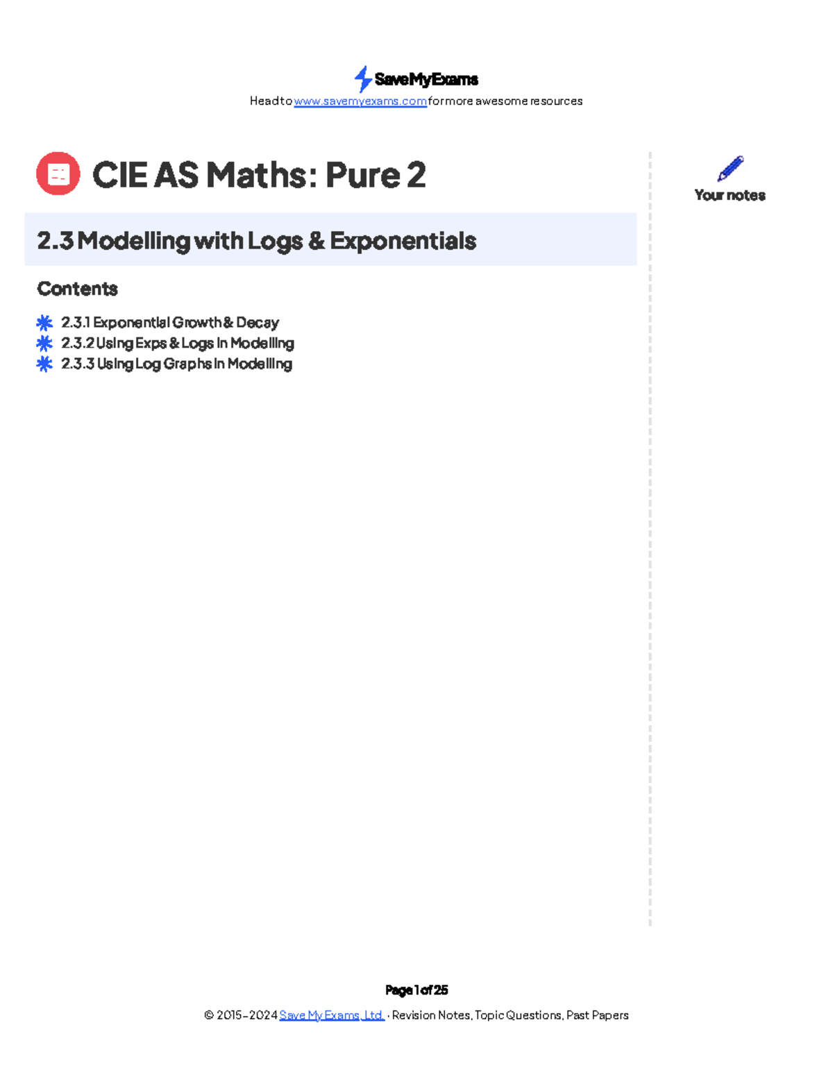 Log Modelling - Practice Questions - Page 1 of 25 CIE AS Maths: Pure 2 ...
