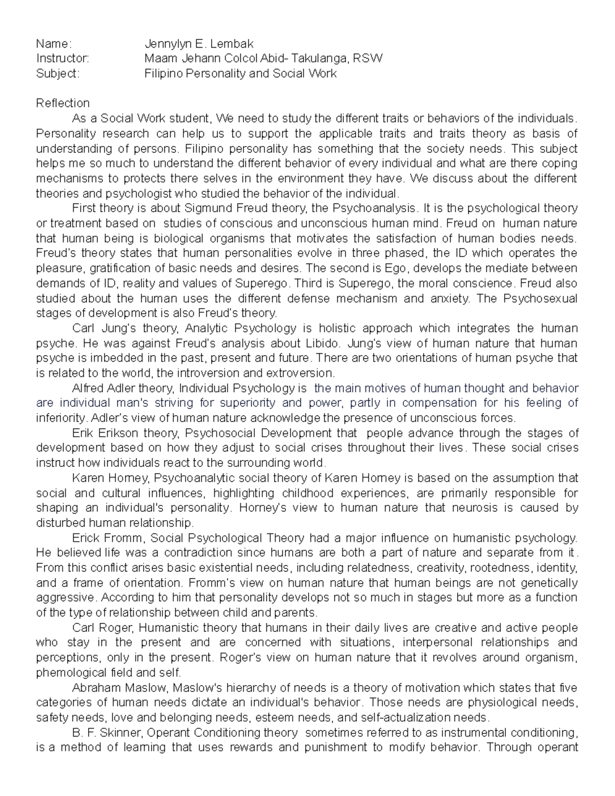 Reflection filipino personality - Name: Jennylyn E. Lembak Instructor ...