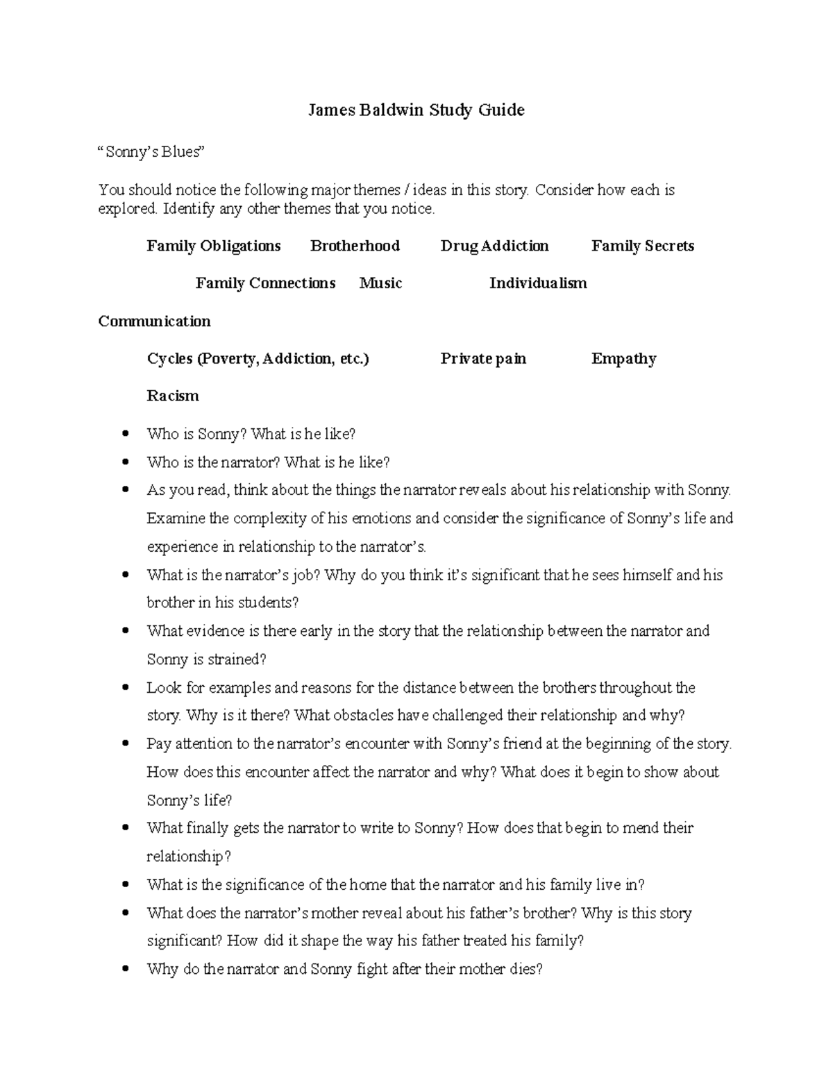 James Baldwin Study Guide - James Baldwin Study Guide “Sonny’s Blues ...