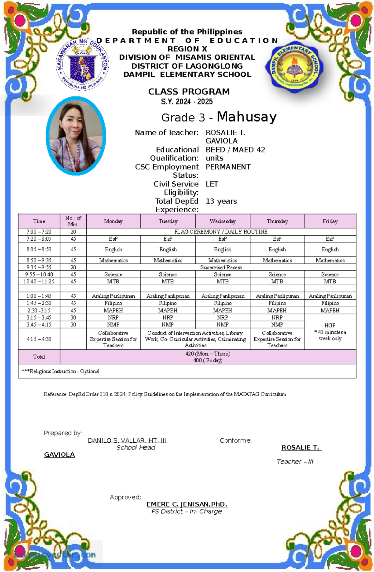Class Program G3 Mahusay 2024-2025 - Time No.: of Min. Monday Tuesday Wednesday Thursday Friday ...