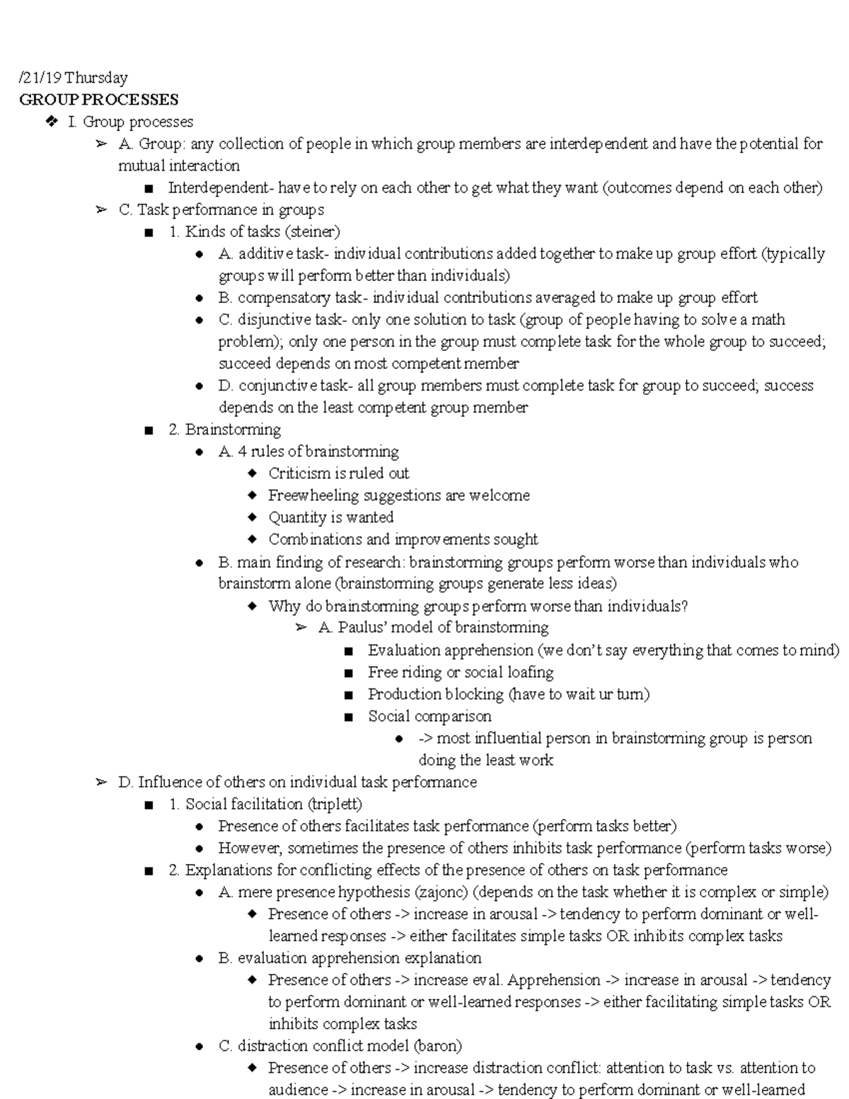 Psyc 154 Lecture Notes 4 - /21/19 Thursday GROUP PROCESSES I. Group ...