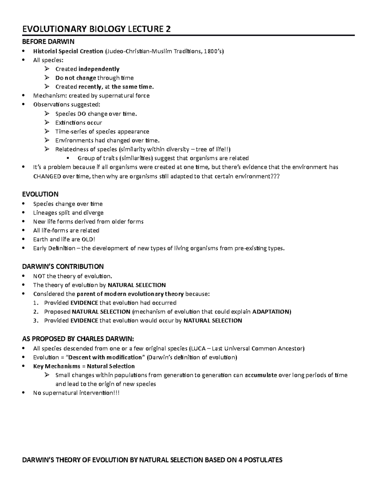 Evolutionary Biology Lecture Notes 1-8 - EVOLUTIONARY BIOLOGY LECTURE 2 ...