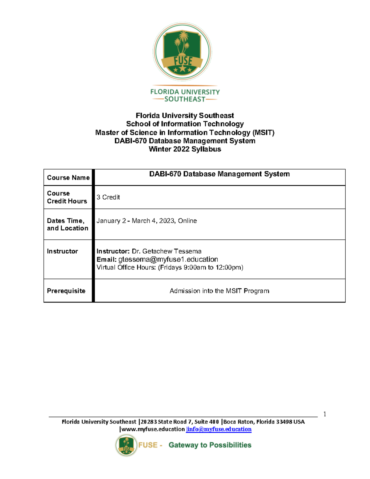 DABI-670 Database Management System Syllabus - Management Information ...