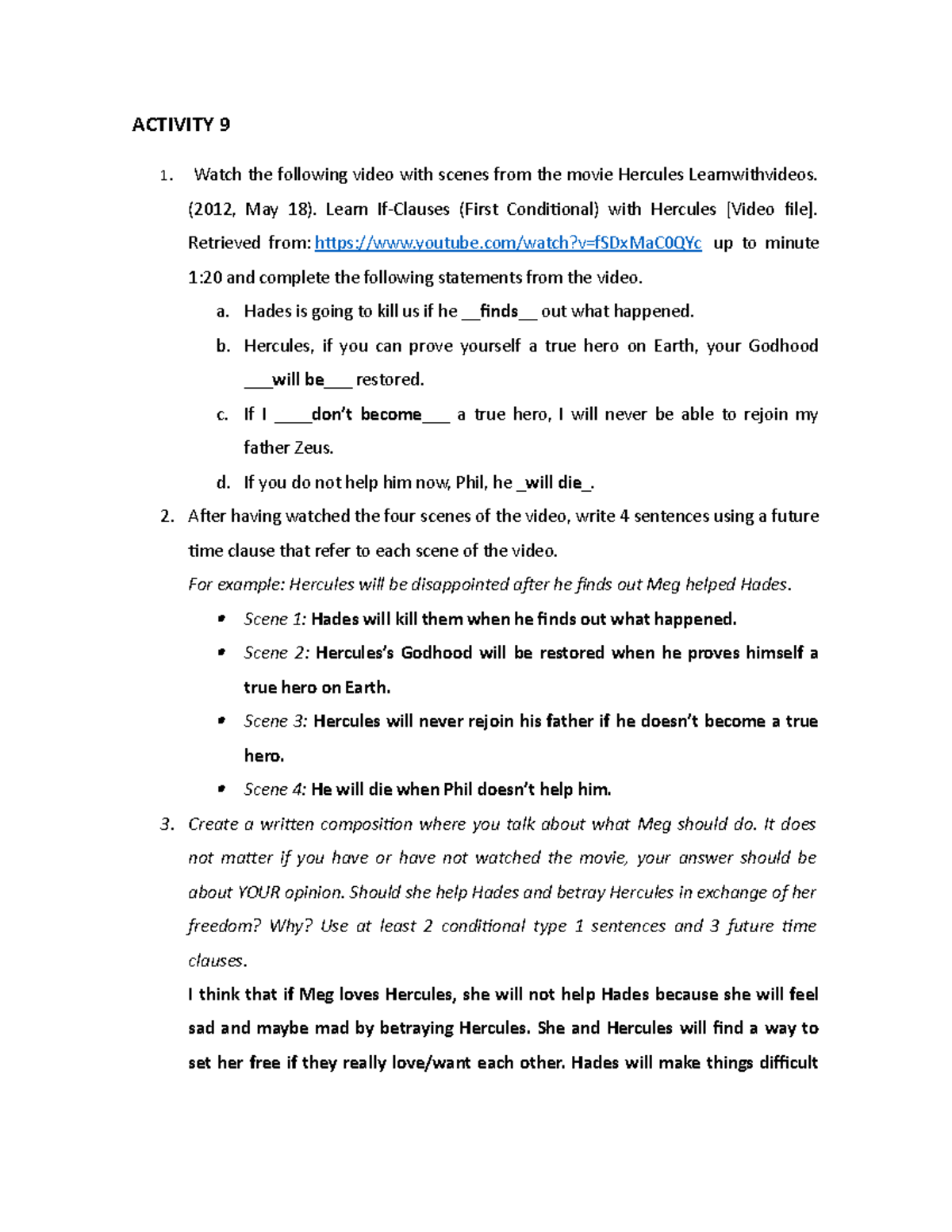 Activity 9 - Actividad 9 de ingles III - ACTIVITY 9 Watch the following ...