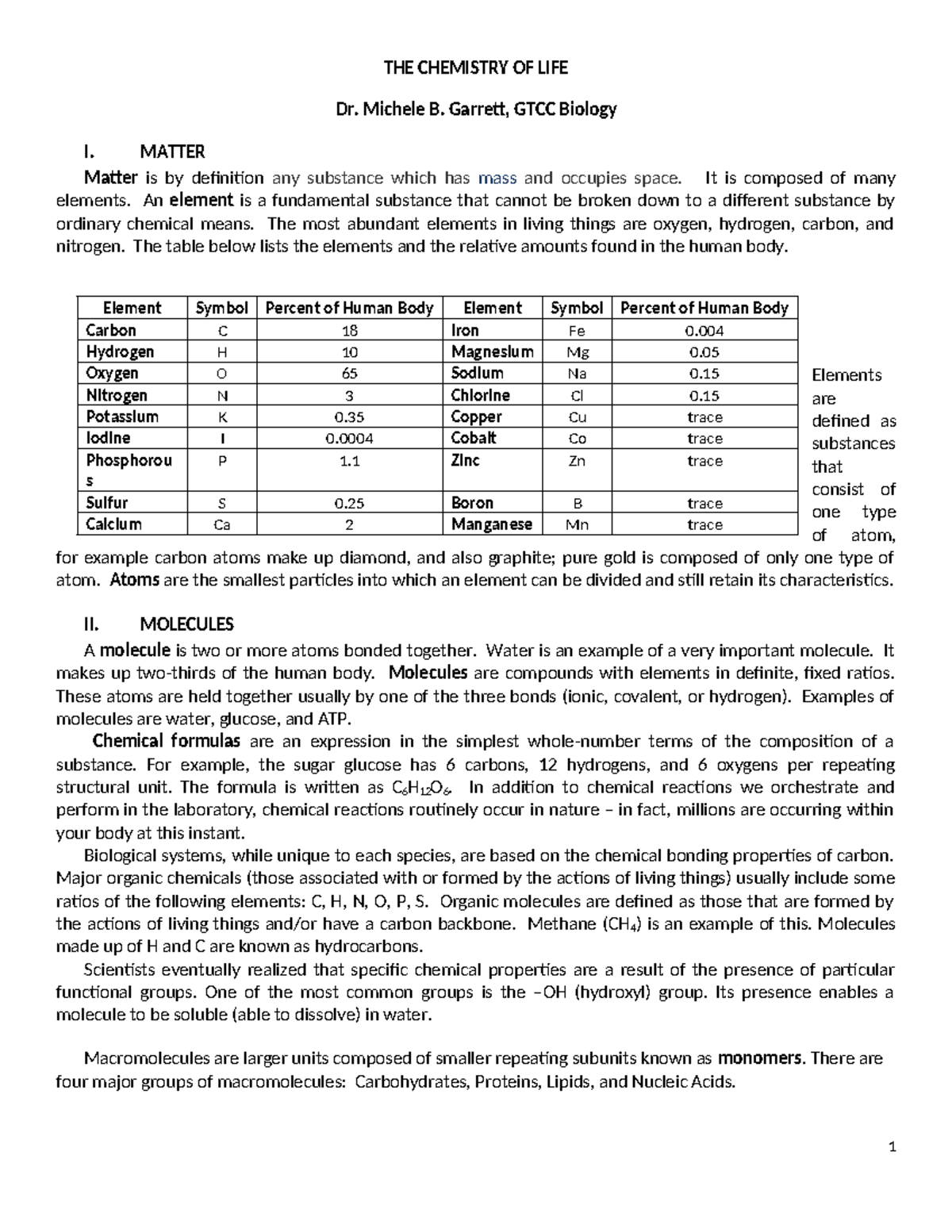 1-2020 Chemistryof Life (2023)-1 - THE CHEMISTRY OF LIFE Dr. Michele B ...
