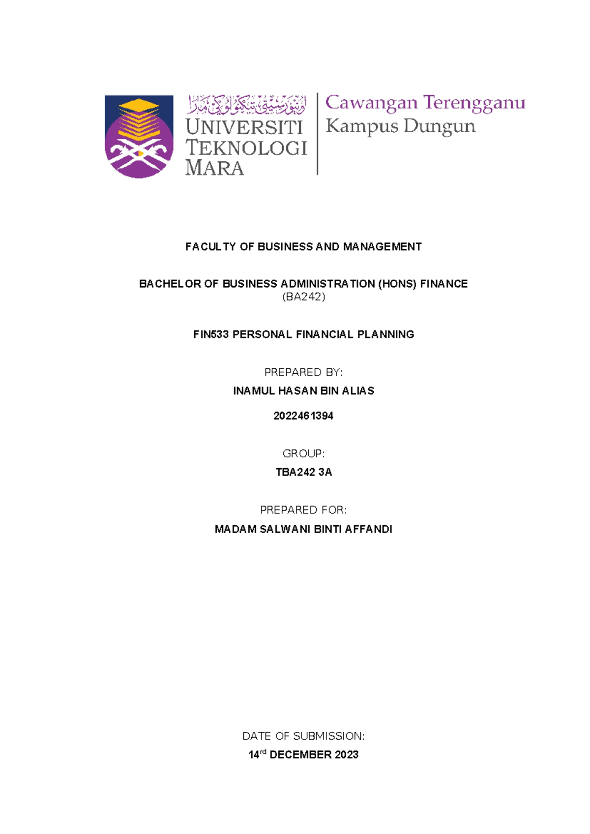 Inamul Hasan B Alias 2022461394 FIN533 - FACULTY OF BUSINESS AND ...