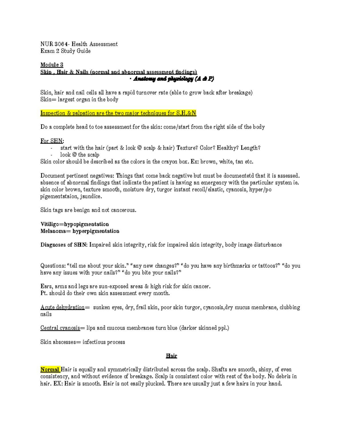 NUR 3064 Module 3 and 4 Study guide - NUR 3064- Health Assessment Exam ...