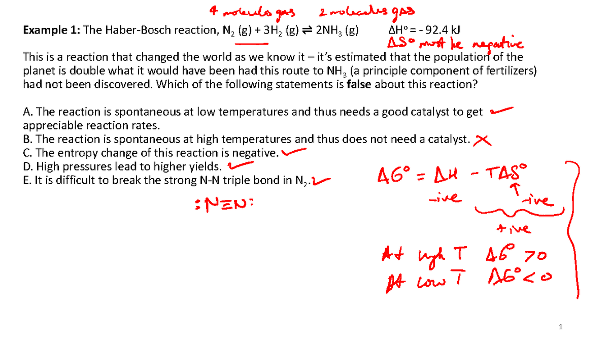 Module 6B examples withsolutions - Example 1: The Haber-Bosch reaction, N 2 (g) + 3H 2 (g) 2NH 3 ...