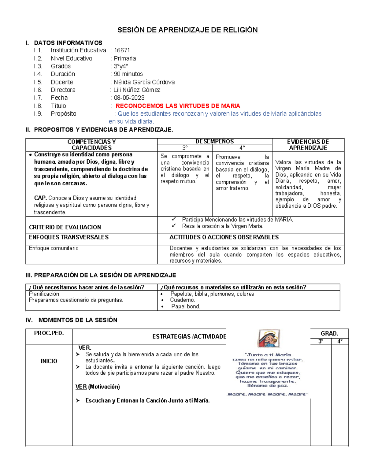 Sesión DE Religión virtudes de Maria 08-05-2023 - SESIÓN DE APRENDIZAJE DE RELIGIÓN I. DATOS ...