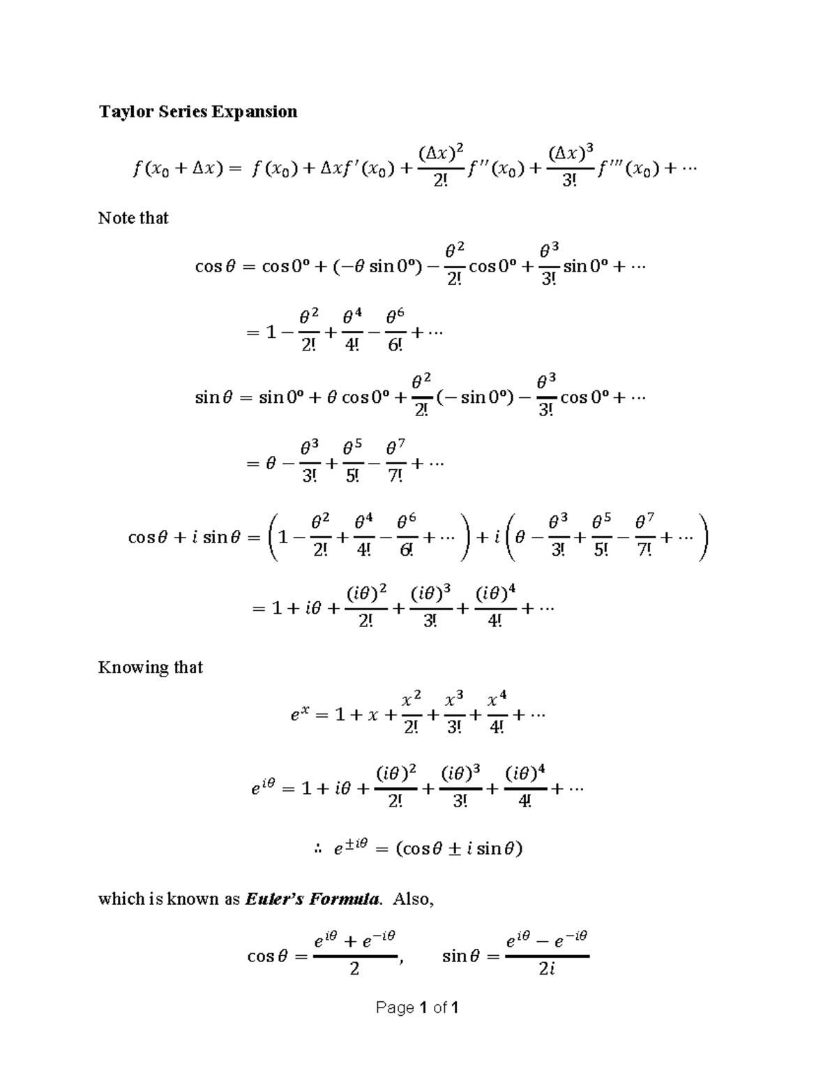 Euler Formula - Professor Fan - Page 1 of 1 Taylor Series Expansion ݂ ...