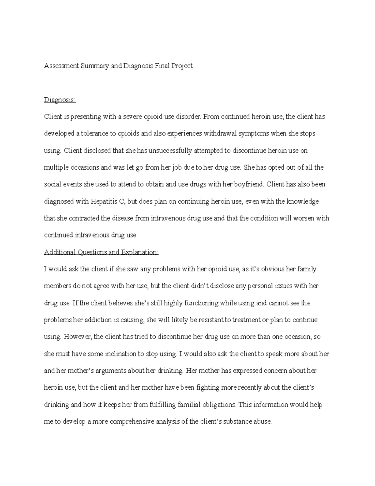 Final Paper Assessment Summary and Diagnosis Final Project - Assessment ...