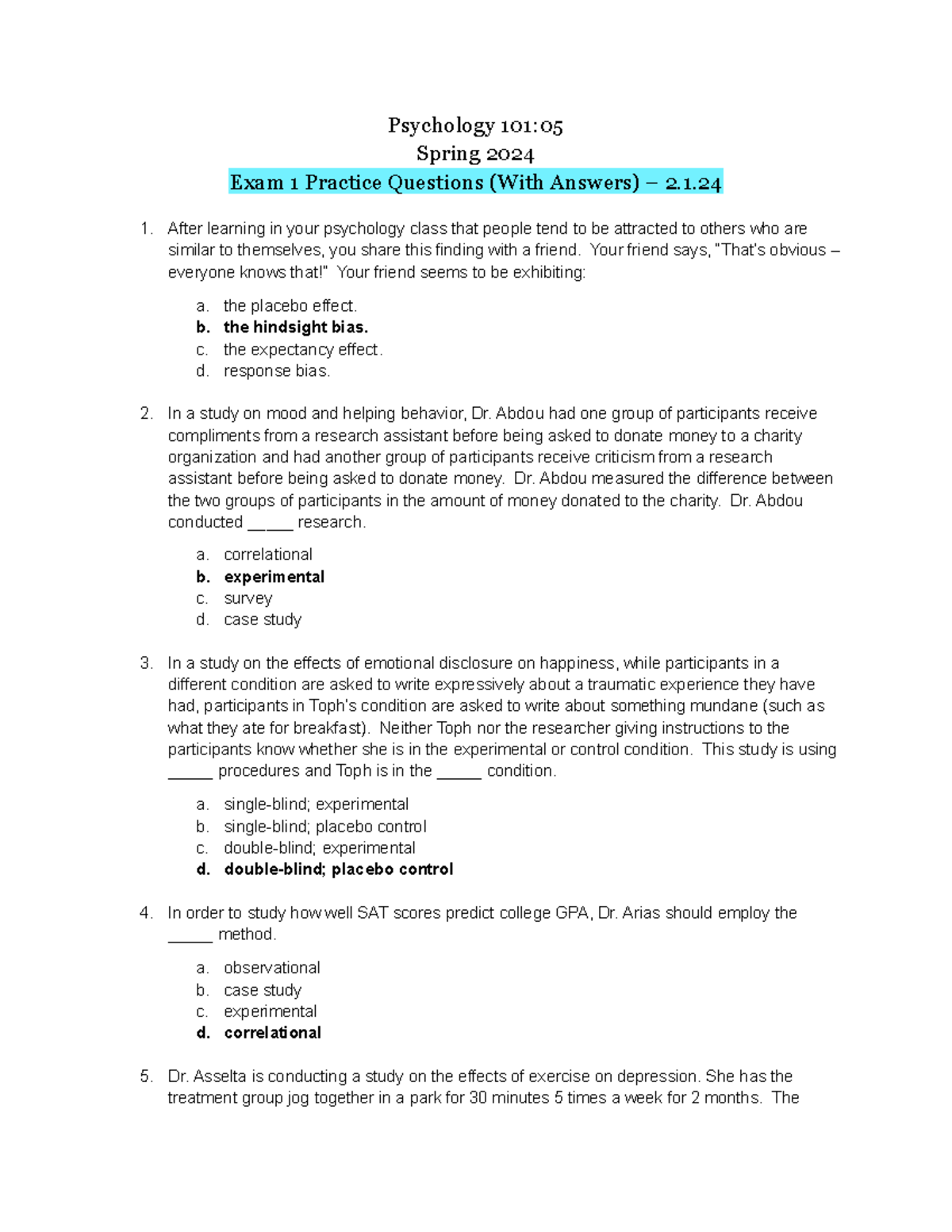 Psychology 101 05 Spring 2024 Exam 1 Practice Questions (With Answers ...
