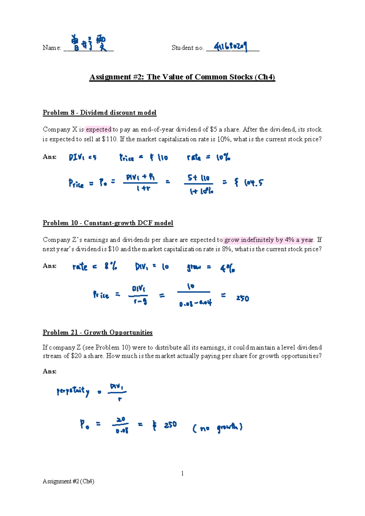 財務管理Assignment 2 - Economic - Name: ______________ Student no. _______________ 1 Assignment #2 ...