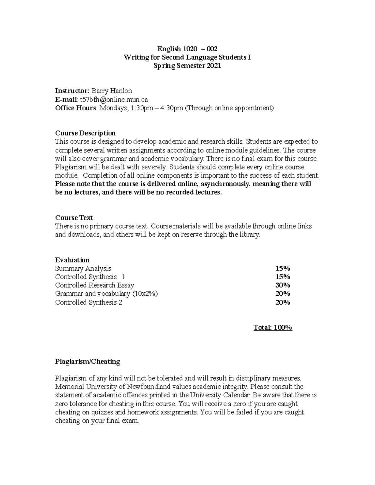 Course outline 1020 S21 002 - English 1020 – 002 Writing for Second ...