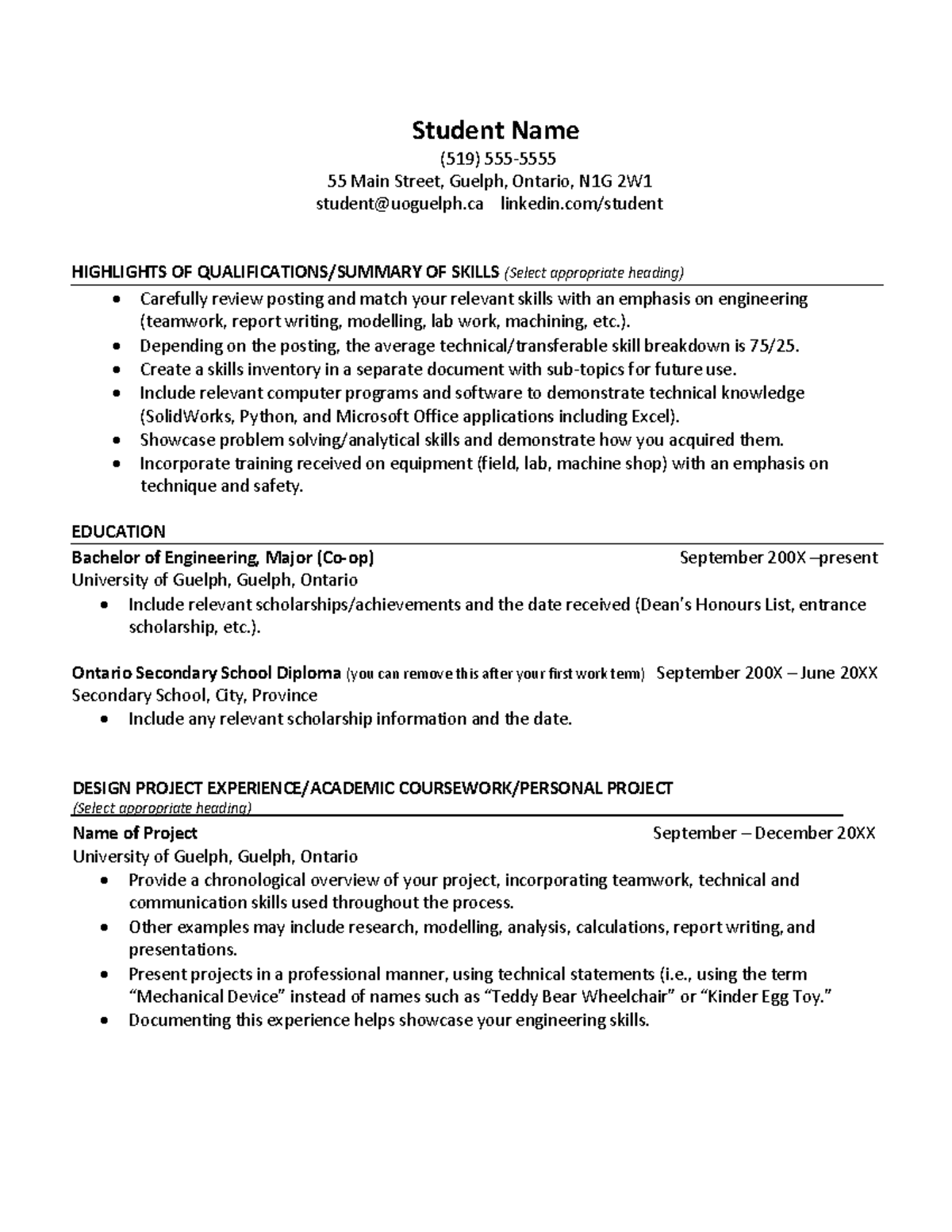 Engineering Co-op Resume Tips - Student Name (519) 555- 5555 55 Main ...