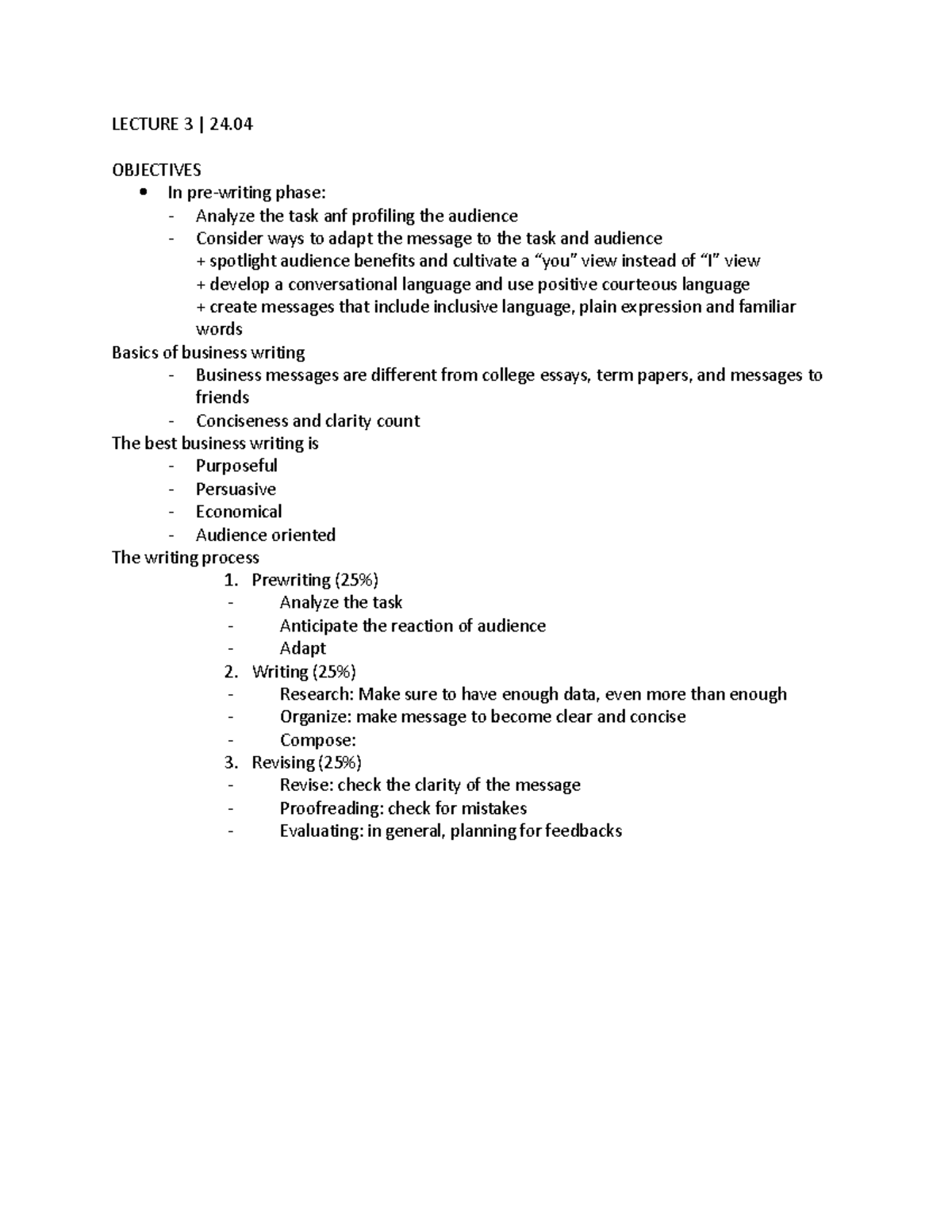 Lecture 3 - LECTURE 3 | 24. OBJECTIVES In pre-writing phase: - Analyze ...