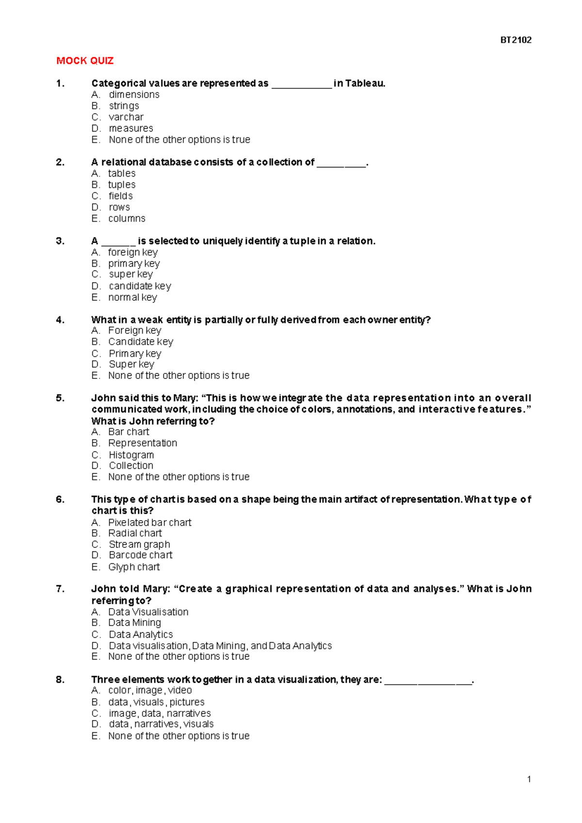 Mock Quiz For Students - Mock quiz - BT 1 MOCK QUIZ Categorical values ...
