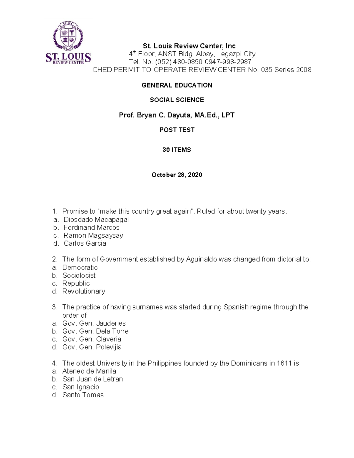 P0ST TEST GEN ED Social Science Bicol College - St. Louis Review Center ...