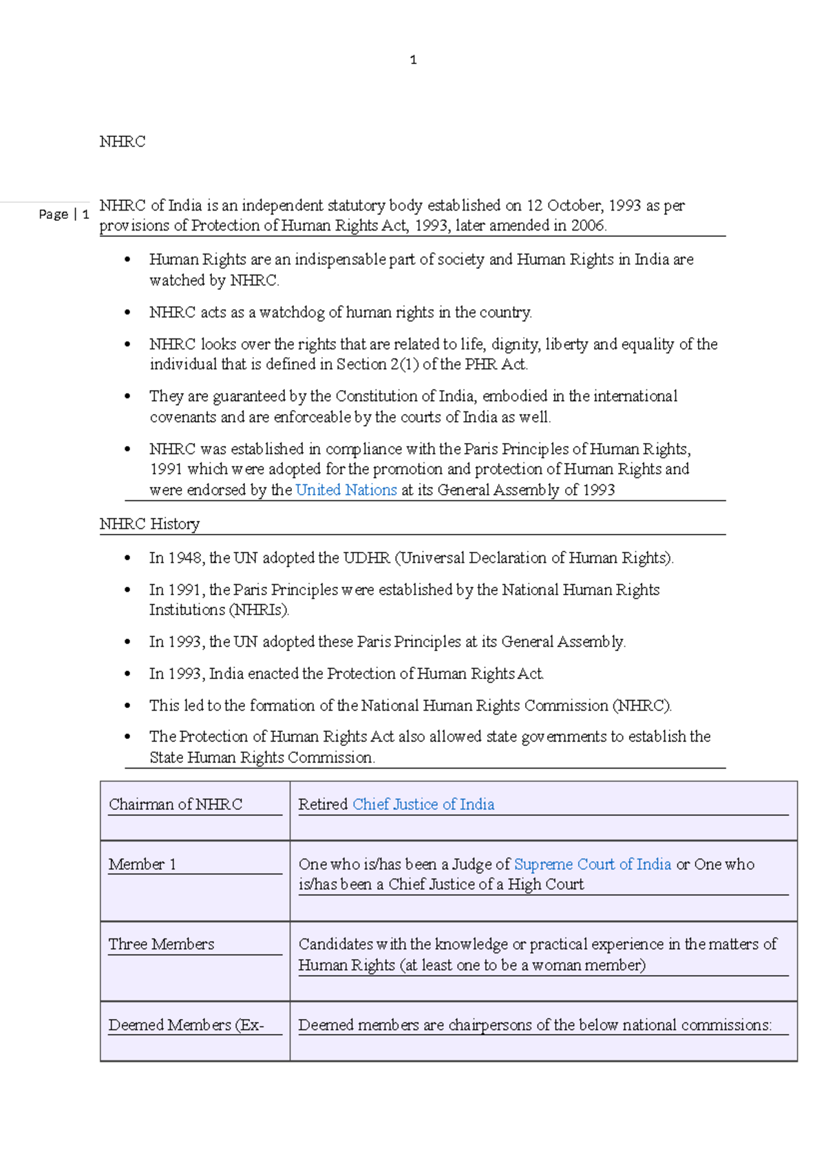 Commissions Notes - Page | 1 NHRC NHRC of India is an independent ...