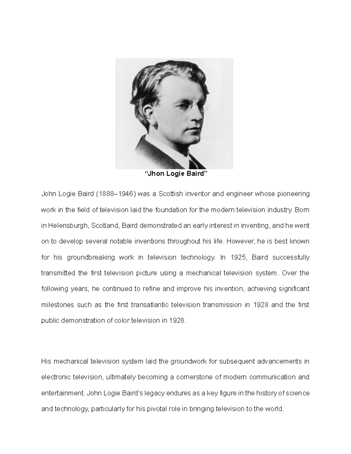 Jhon-Logie-Baird - Summary Bs accountancy - “Jhon Logie Baird” John ...