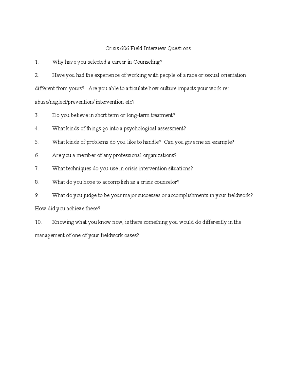 Seminar assignments - field interview questions with interview summary ...