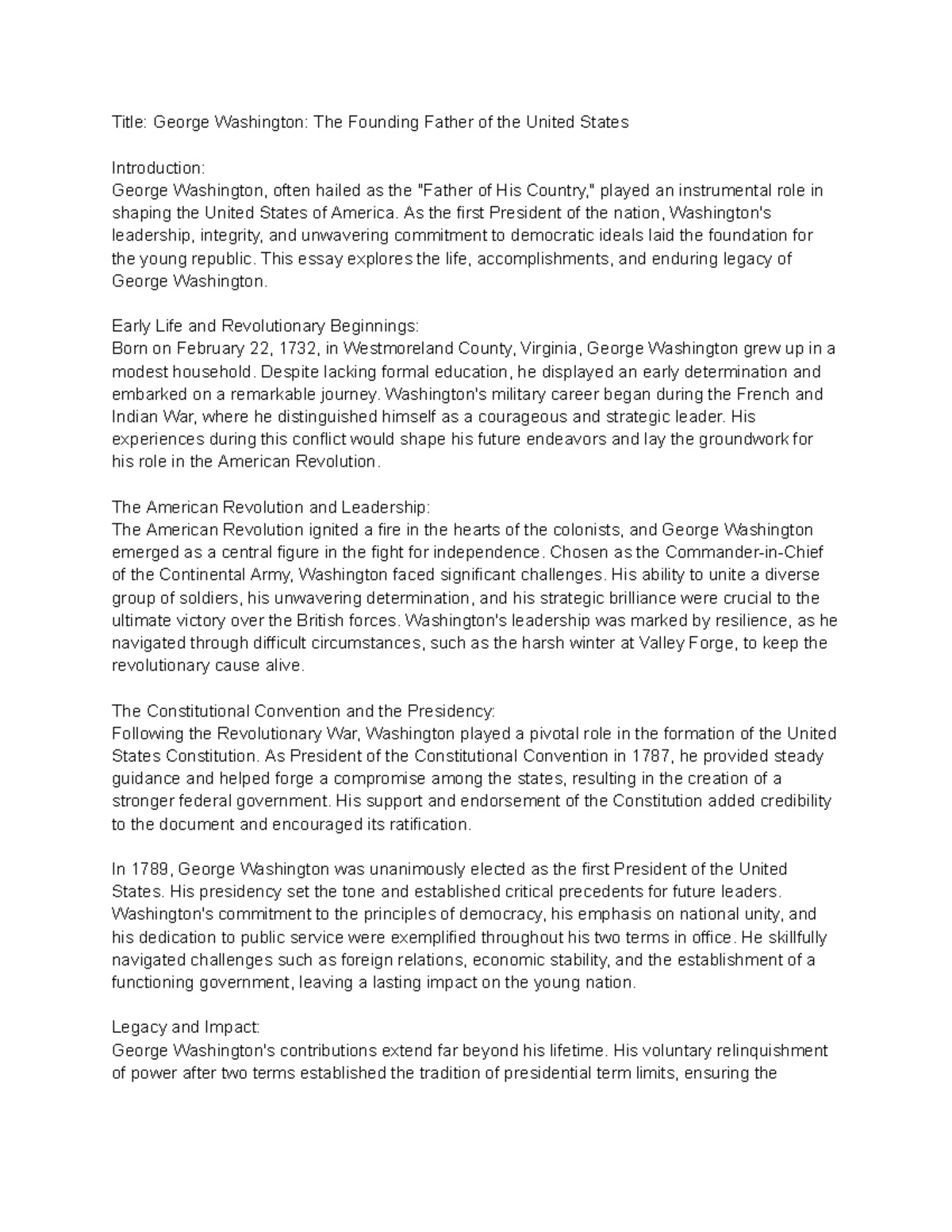 Untitled document - essay - Title: George Washington: The Founding ...