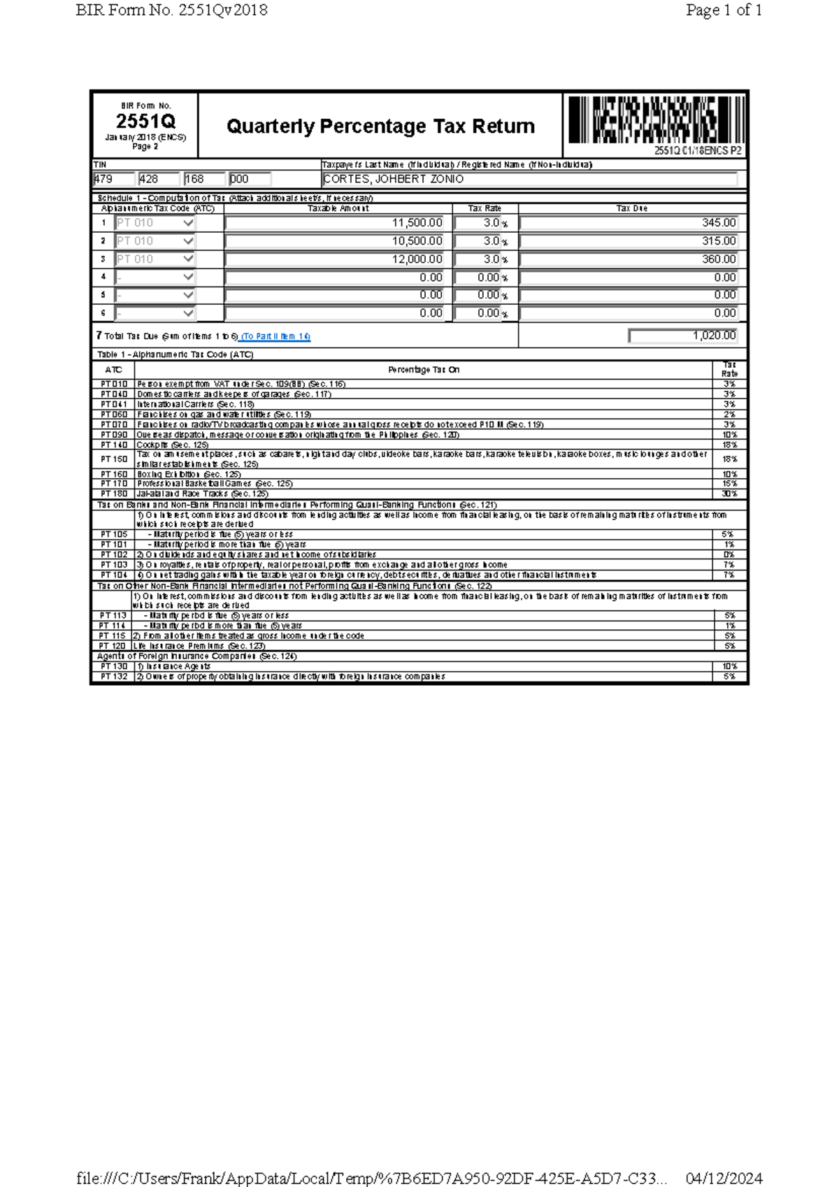 2551- First Quarter-PAGE2 - BIR Form No. 2551Q January 2018 (ENCS) Page ...