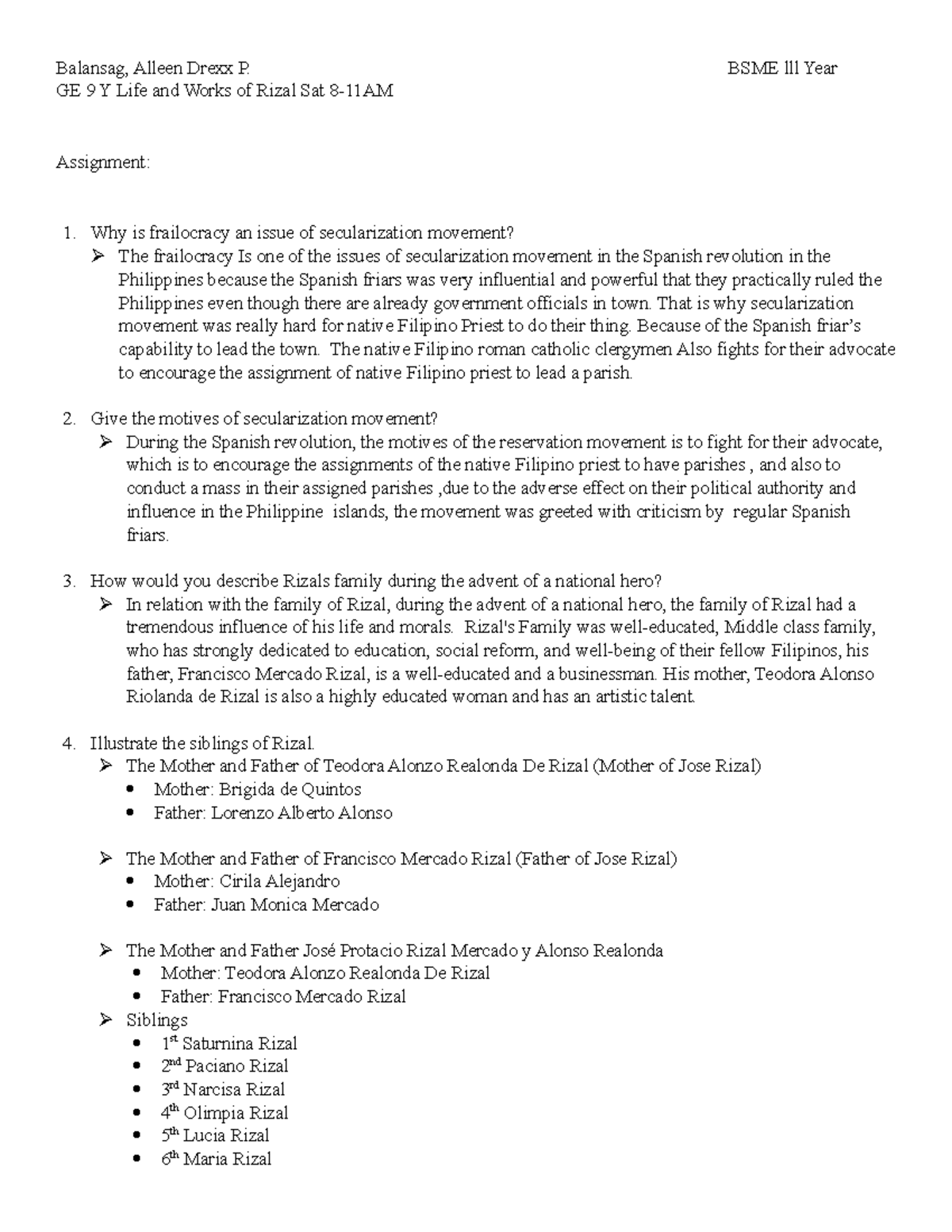Balansag ge 9 - rizal topic - Balansag, Alleen Drexx P. BSME lll Year ...