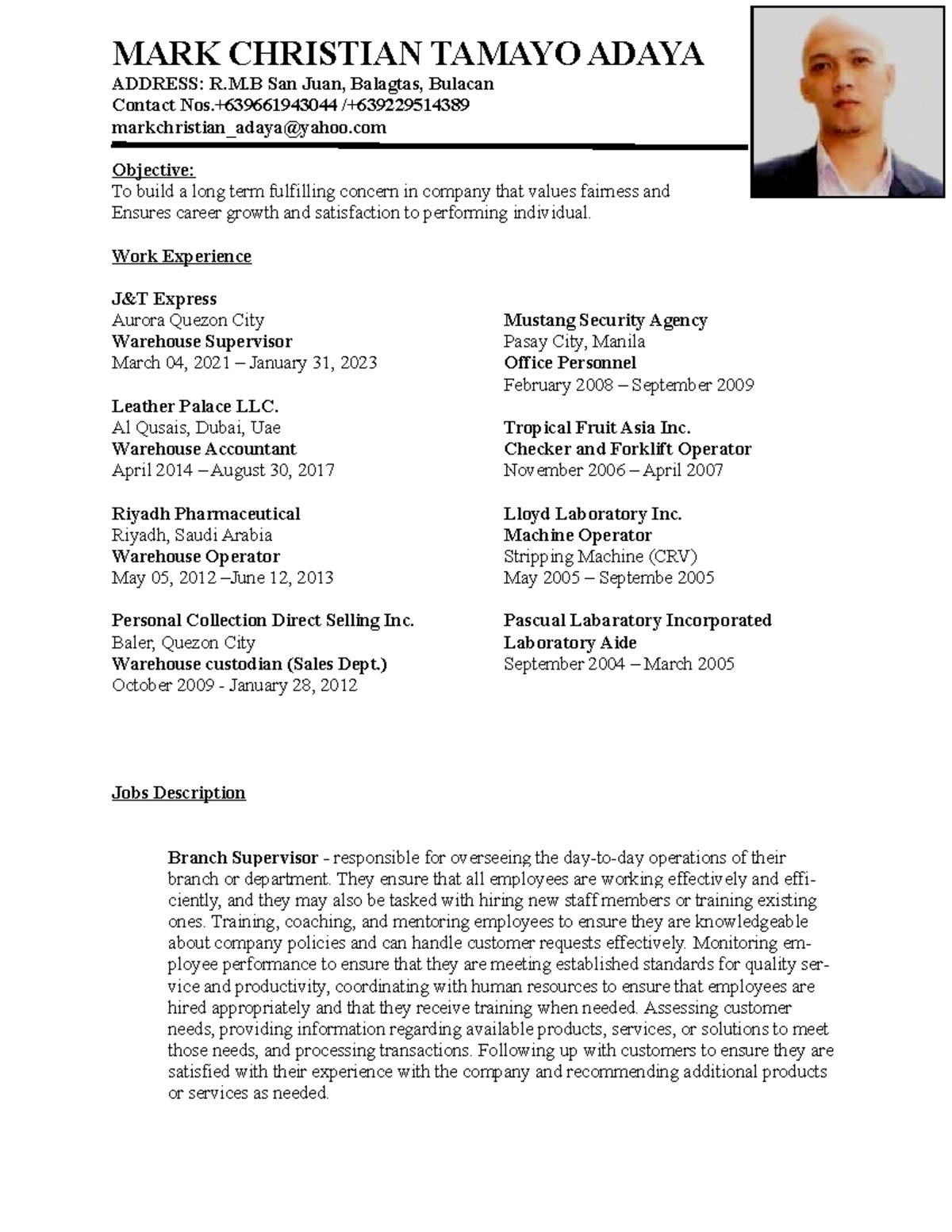 MARK Christian Tamayo Adaya - MARK CHRISTIAN TAMAYO ADAYA ADDRESS: R.M San Juan, Balagtas ...