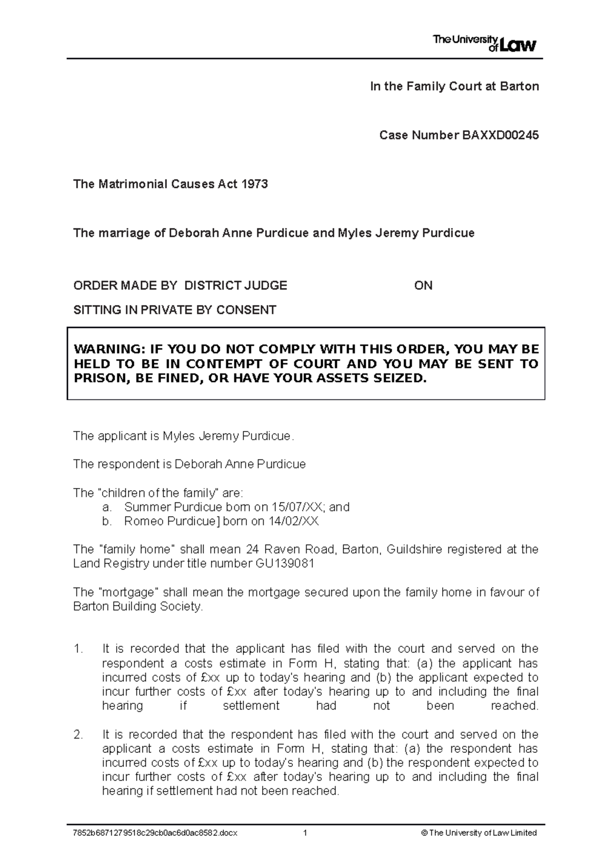 Consent Order - Precedent - In the Family Court at Barton Case Number ...