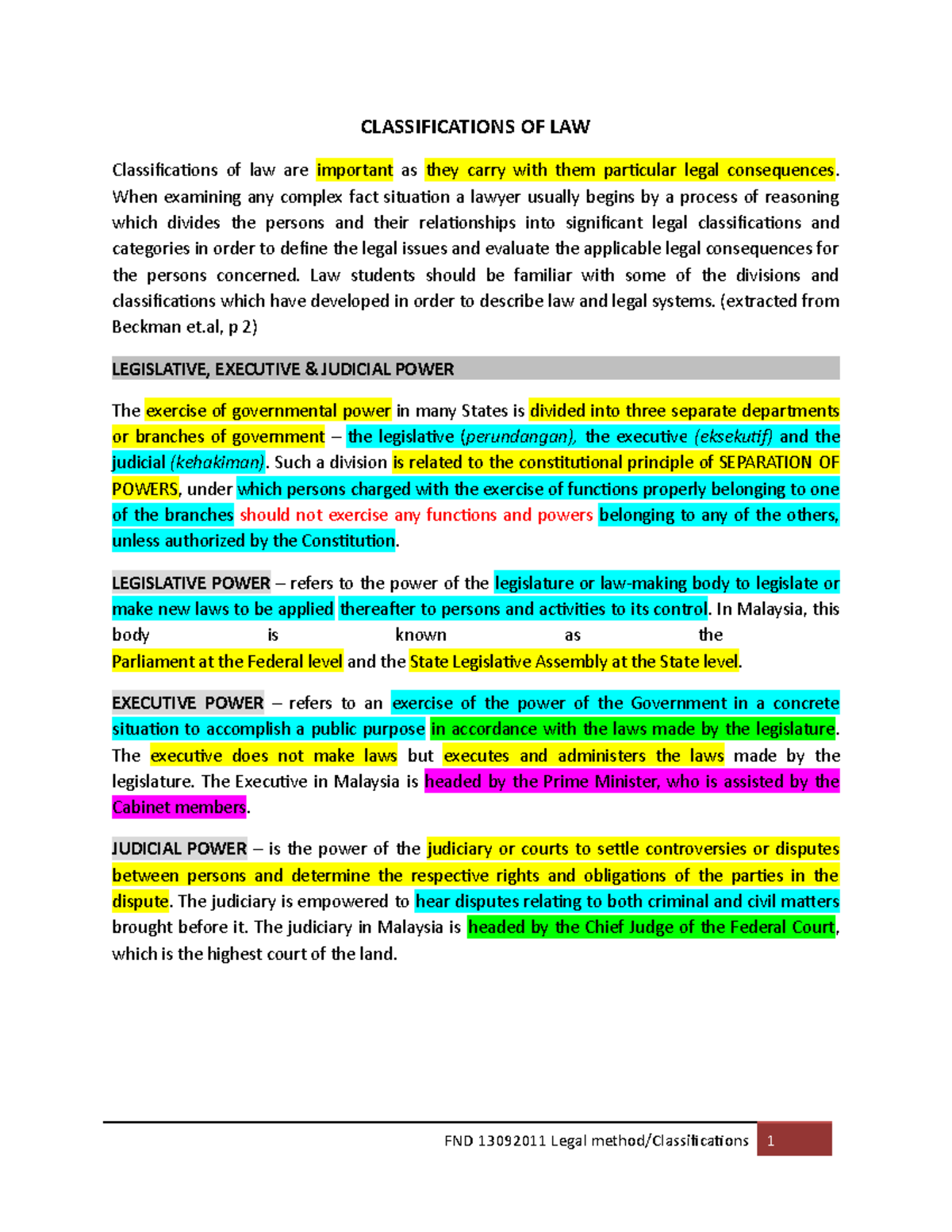 Classifications OF LAW - CLASSIFICATIONS OF LAW Classifications of law ...
