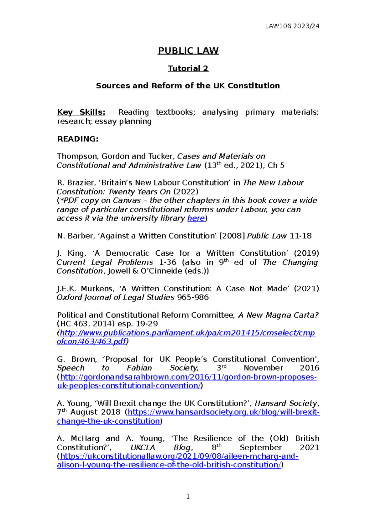 PL tutorial two reading and question sheet Liv 2023 - LAW106 2023/ PUBLIC LAW Tutorial 2 Sources ...