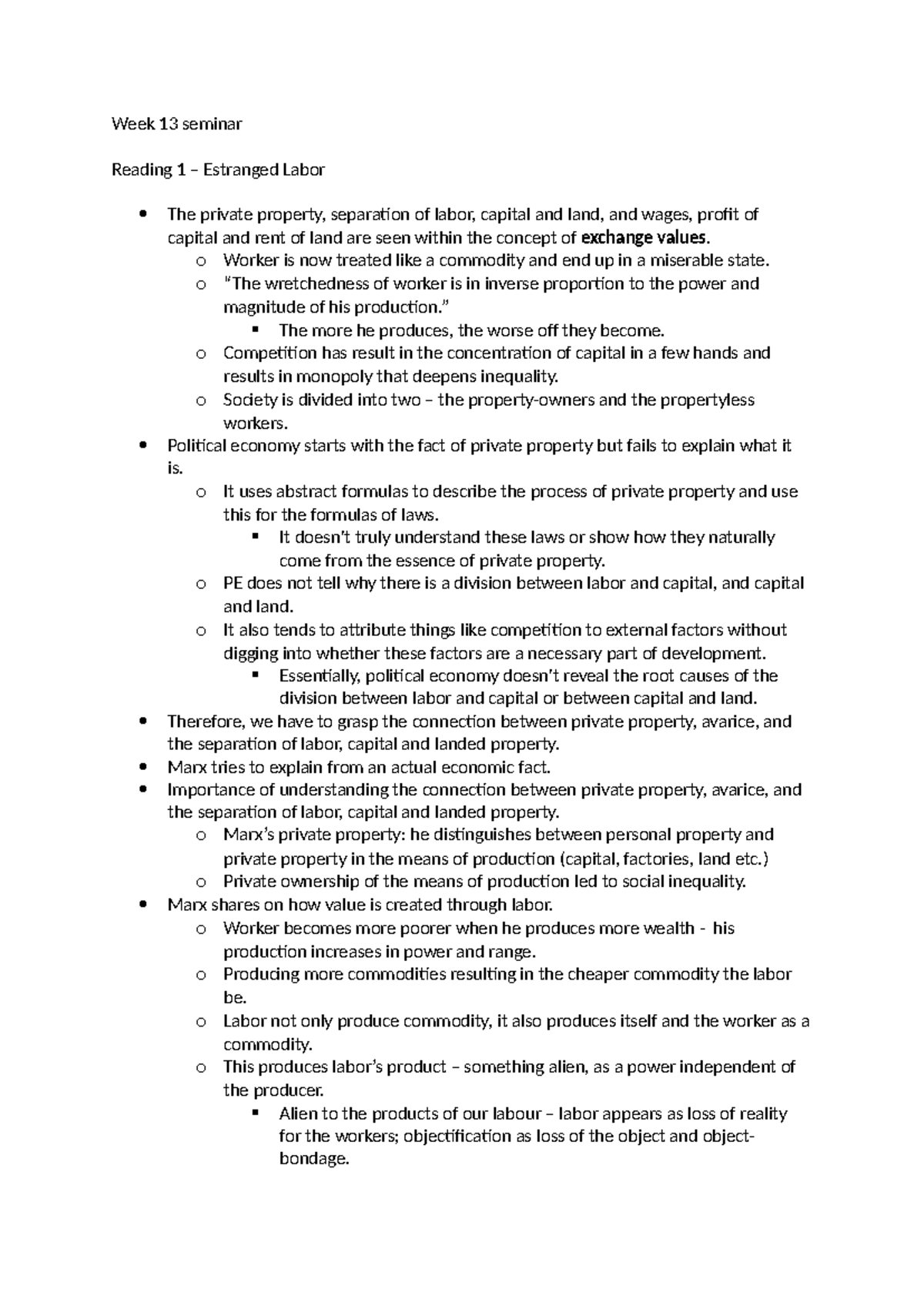 Week 13 seminar - notes - Week 13 seminar Reading 1 – Estranged Labor ...